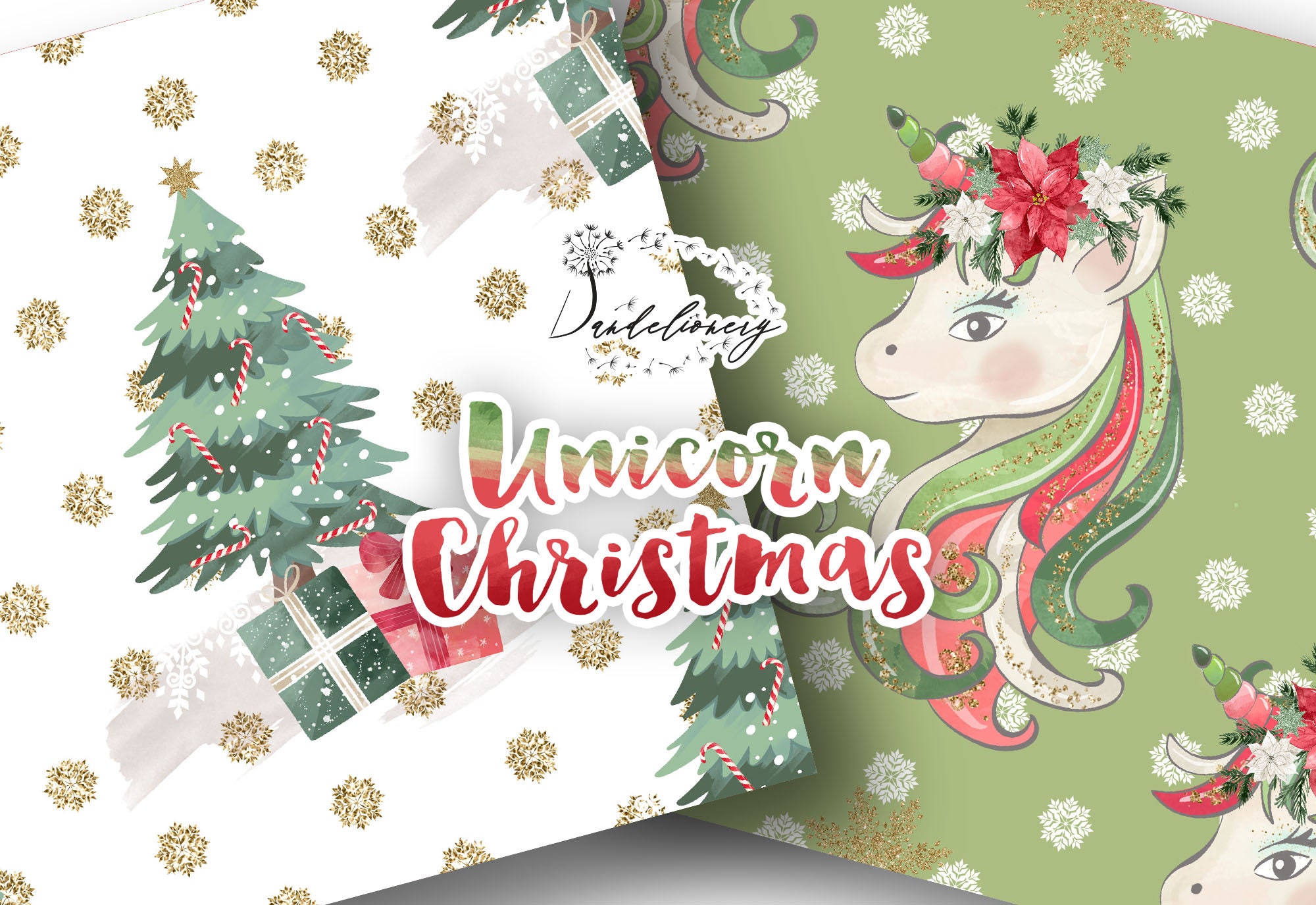 Cute Unicorn Christmas Digital Paper Pack 6"x6", Christmas Bouquet ...