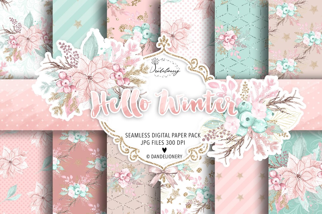 Watercolor Hello Winter Pink Digital Paper Pack, Christmas, Branches ...