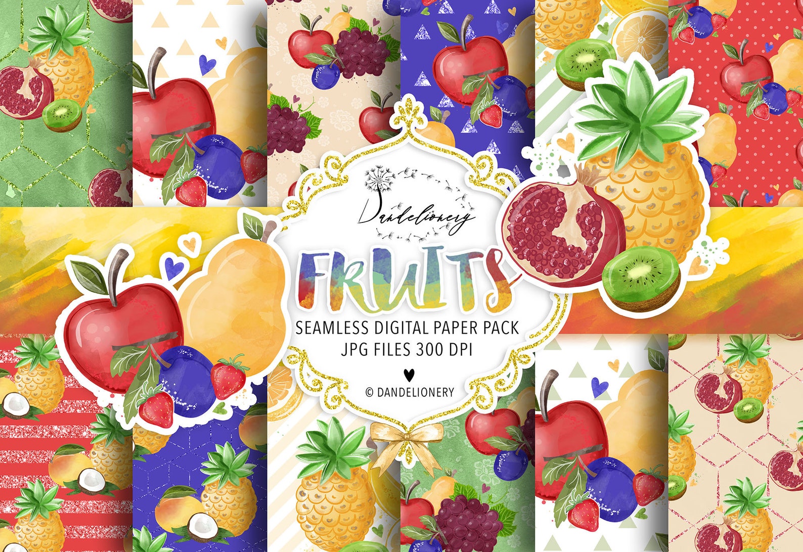 Watercolor Fruits Digital Paper Pack Fruit Download Instant | Etsy