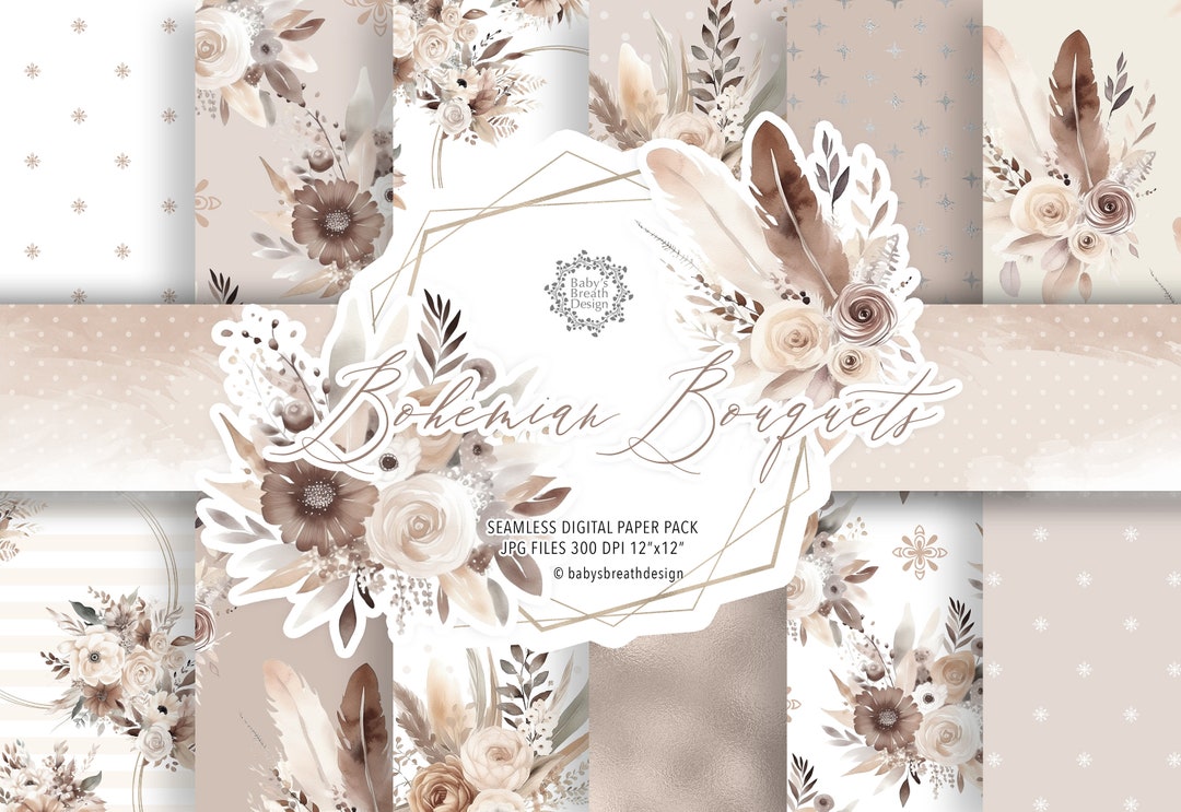 Watercolor Boho Flowers Digital Paper Pack, Boho Floral Clipart, Boho ...