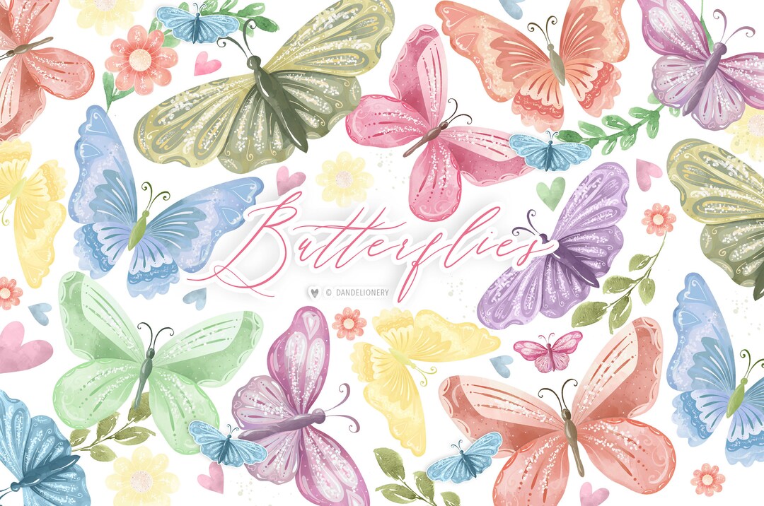 Butterflies Design, Spring Clipart, Flower Clip Art, Hand Drawn Flowers ...