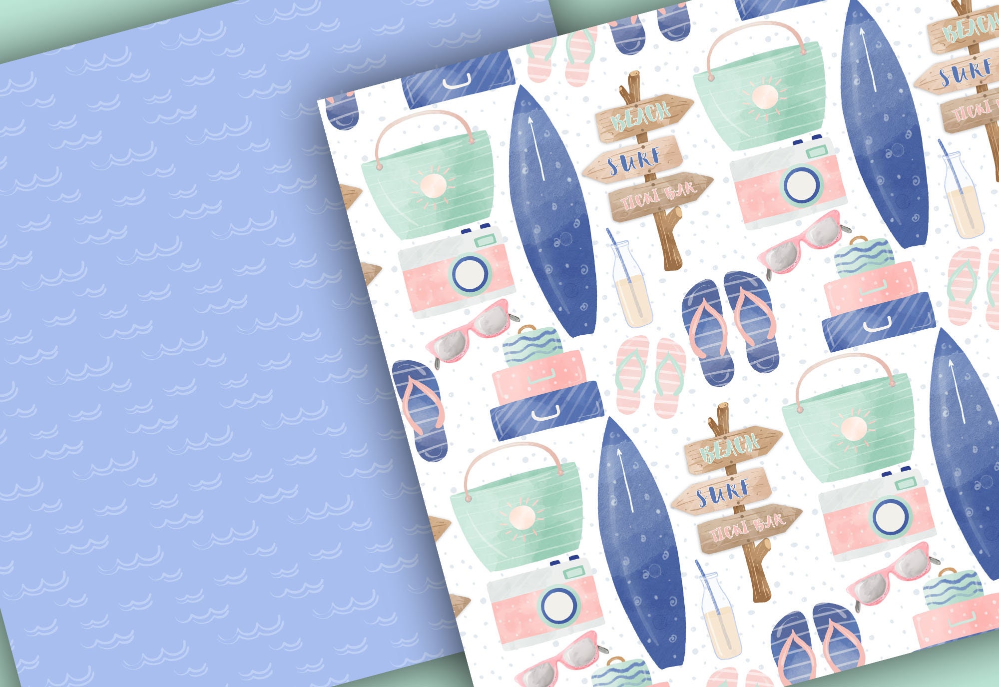 Watercolor Vacation Beach Digital Paper Pack Surf Retro Car - Etsy