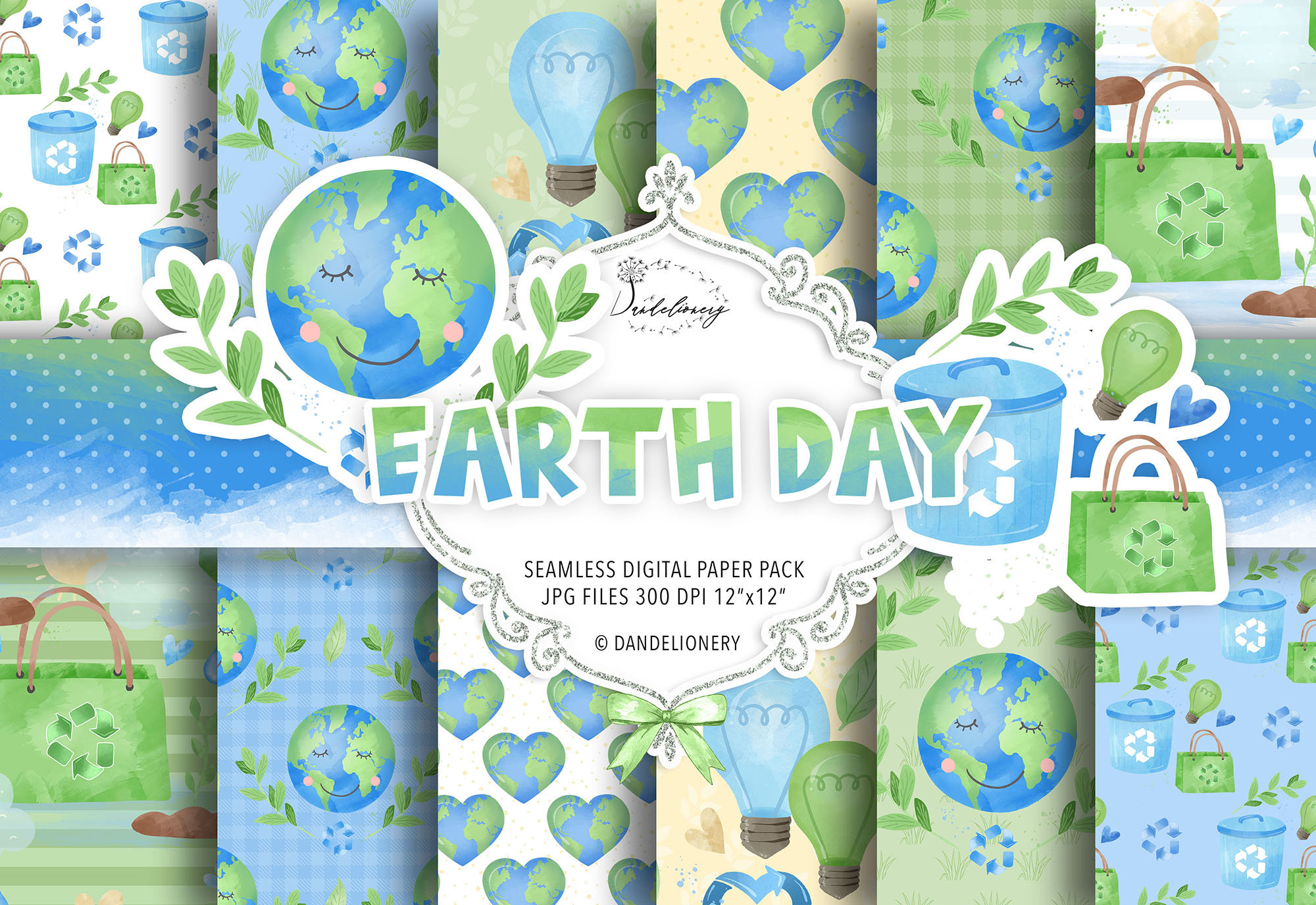 Watercolor Earth Day Digital Paper Pack Watercolor Recycling | Etsy