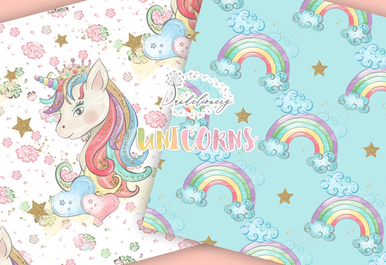 Watercolor Unicorns II. Digital Paper Pack, Rainbow Unicorns Download ...