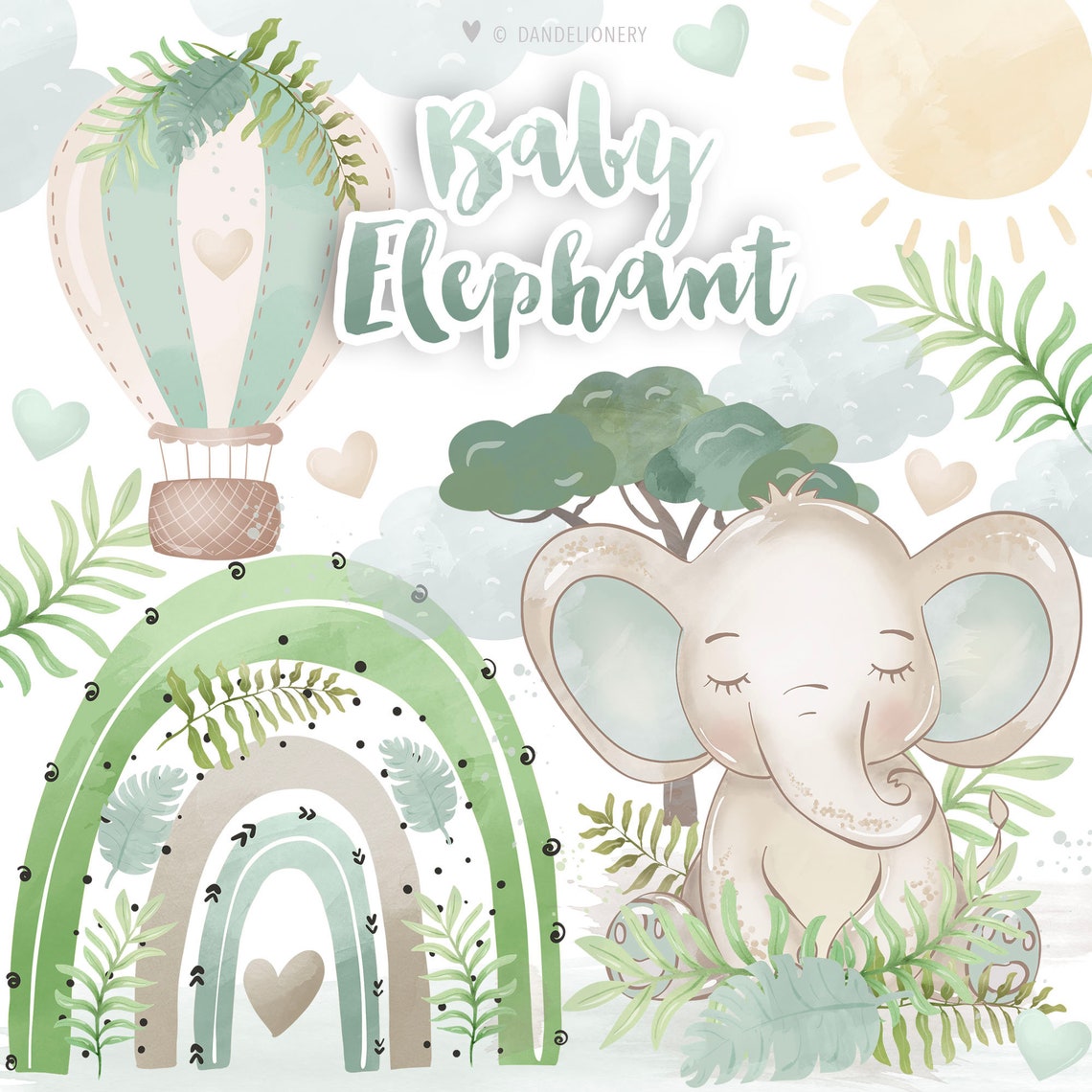 Watercolor Baby Elephant Green Design Rainbows Clipart | Etsy