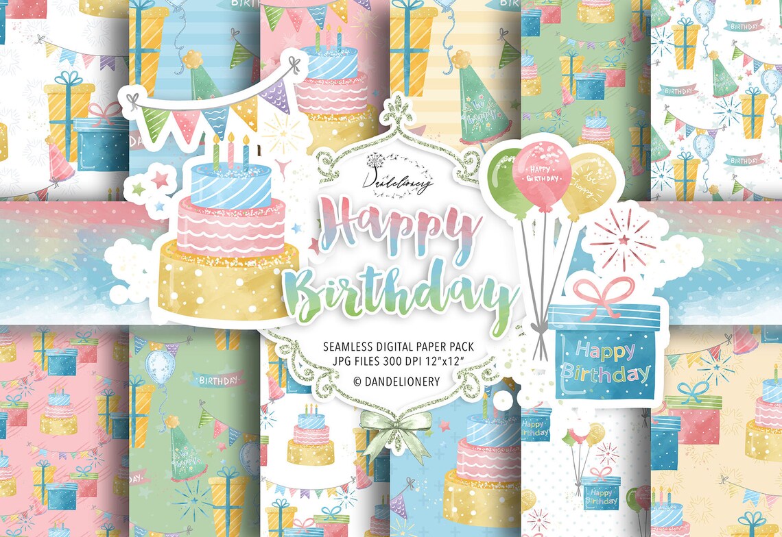 Watercolor Birthday Digital Paper Pack Party Kids Birthday - Etsy