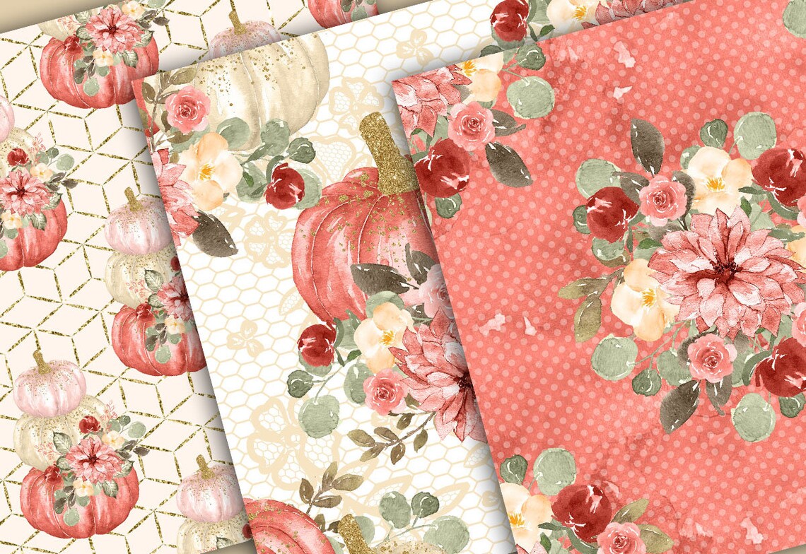 Floral Pumpkin Digital Paper Pack Thanksgiving Stickers - Etsy