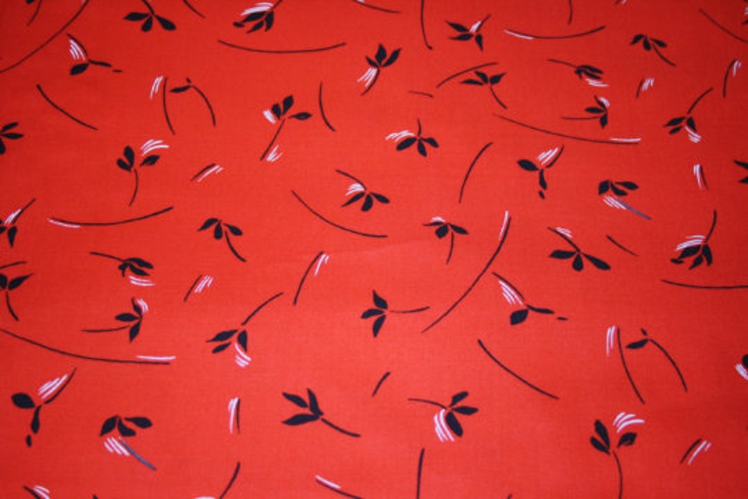 Vintage Rayon/viscose Fabric - Red Background, Black & White 'leaf ...