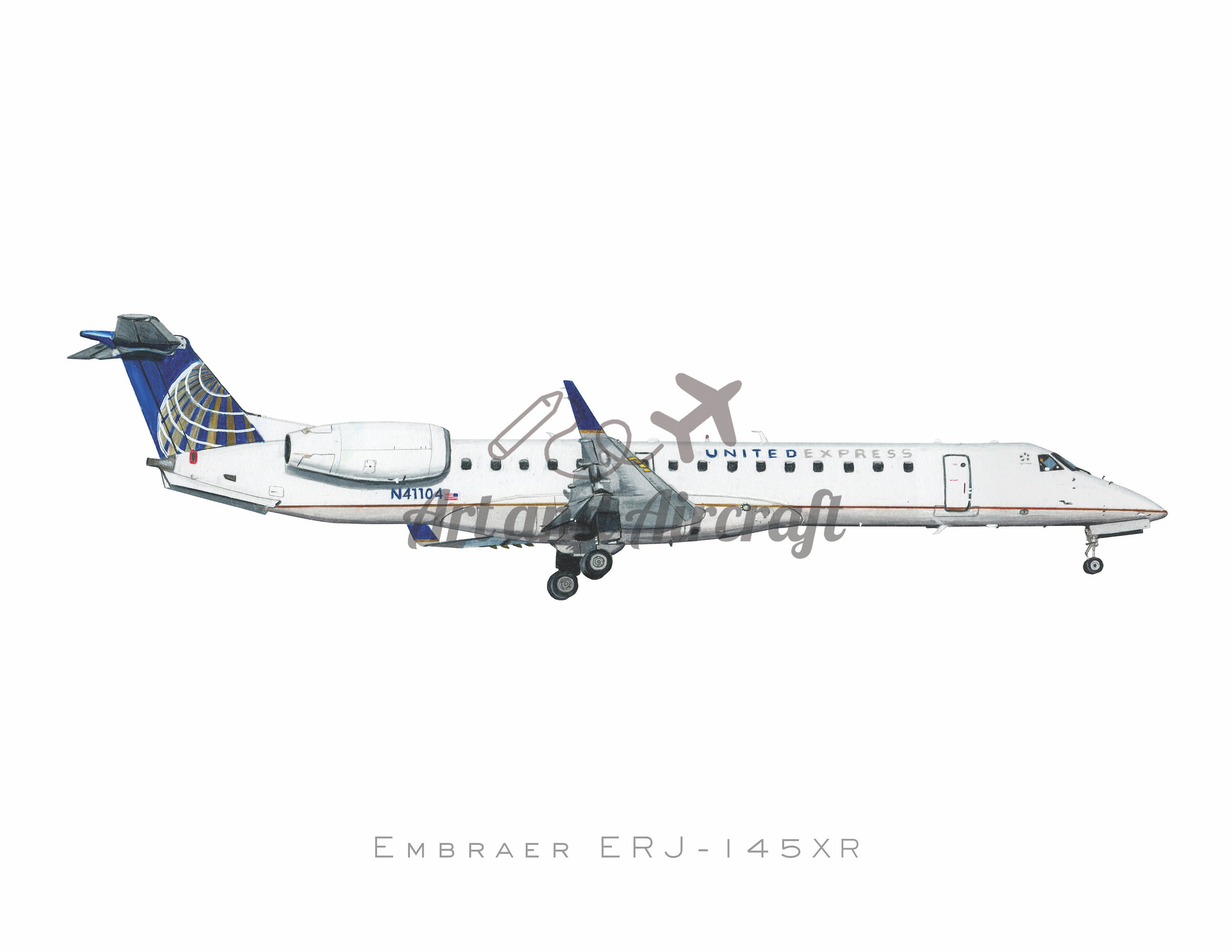 United Airlines Embraer ERJ-145 Drawing Art Print - Etsy