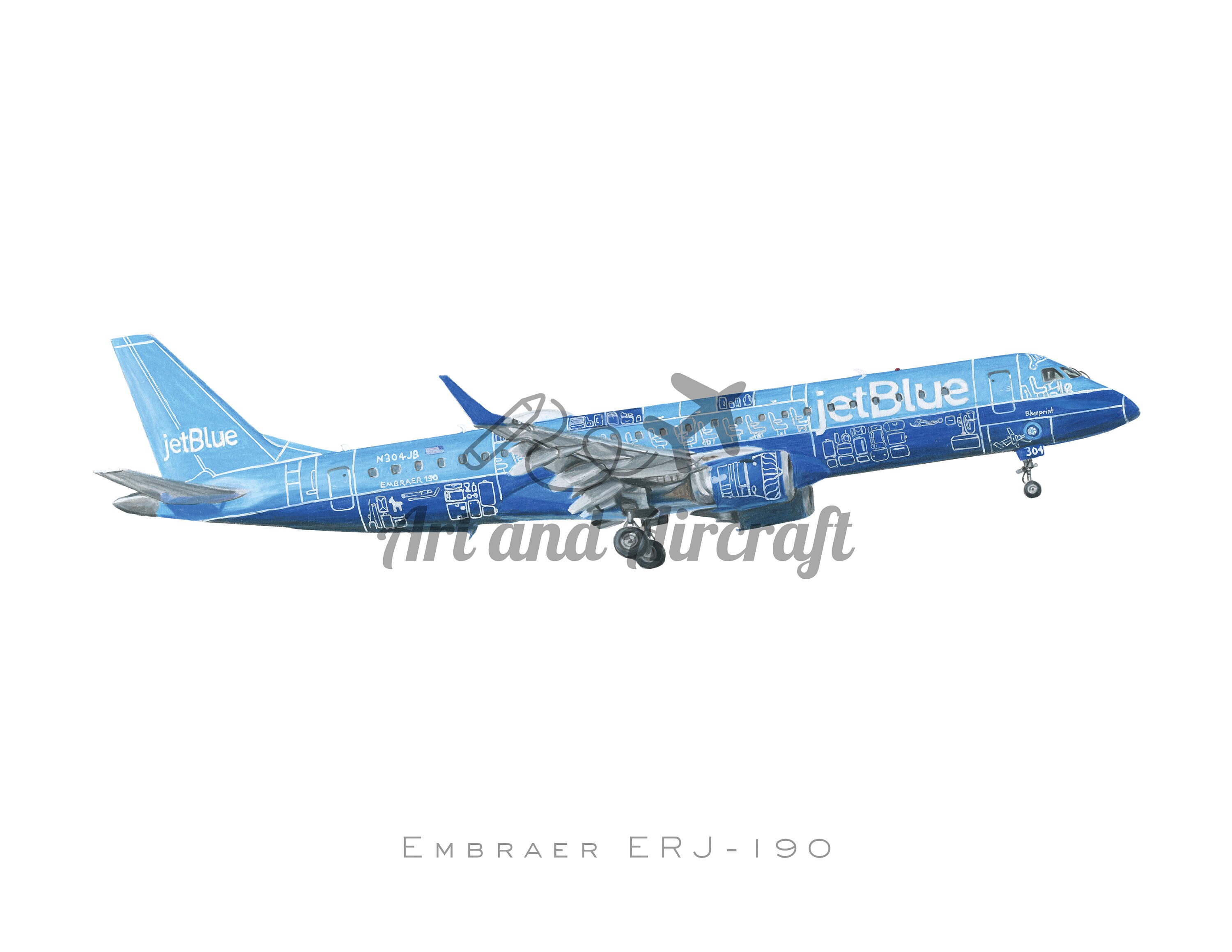 Jetblue Embraer 190 blueprint Livery Drawing Art Print - Etsy