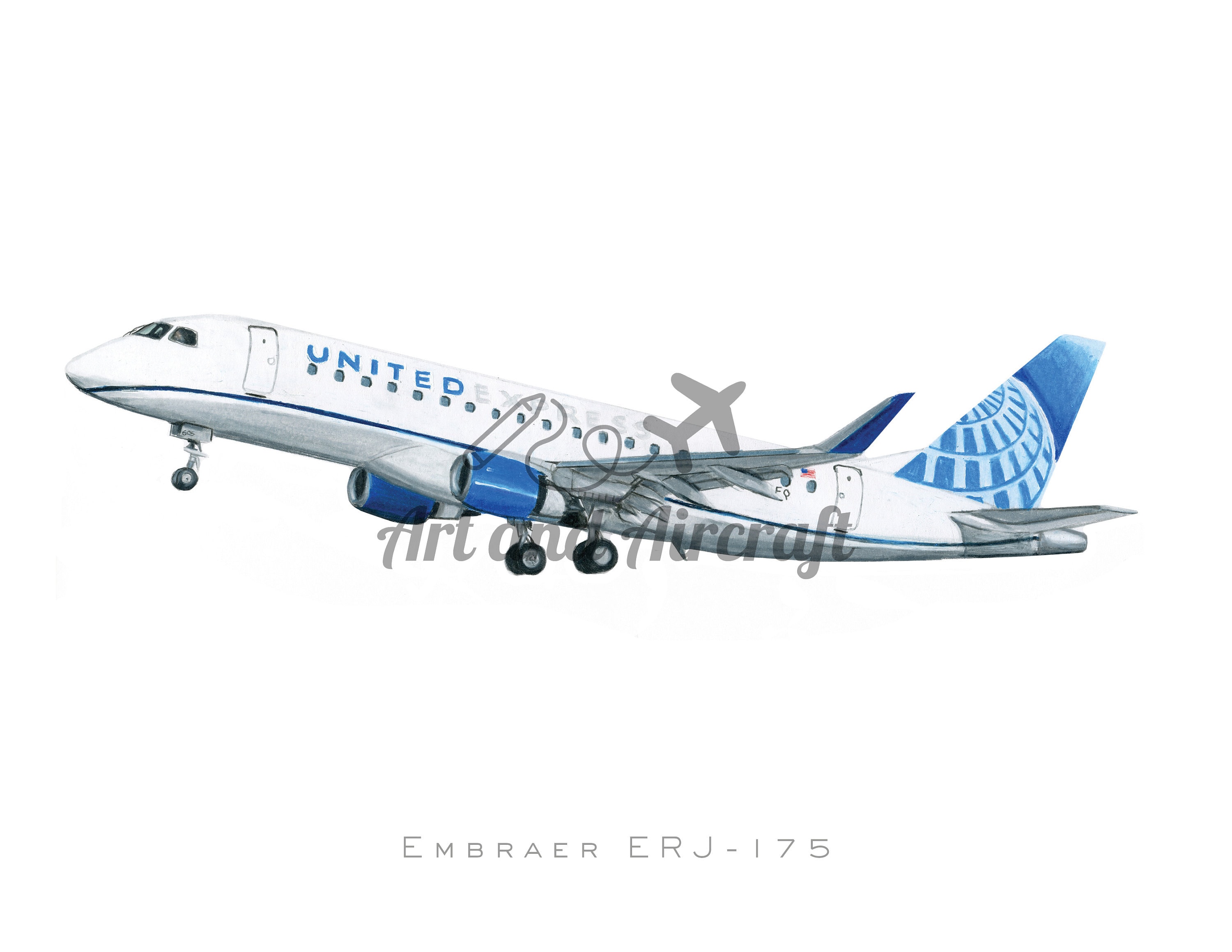 United Airlines Embraer 175 Airplane Aviation Drawing Art Print - Etsy