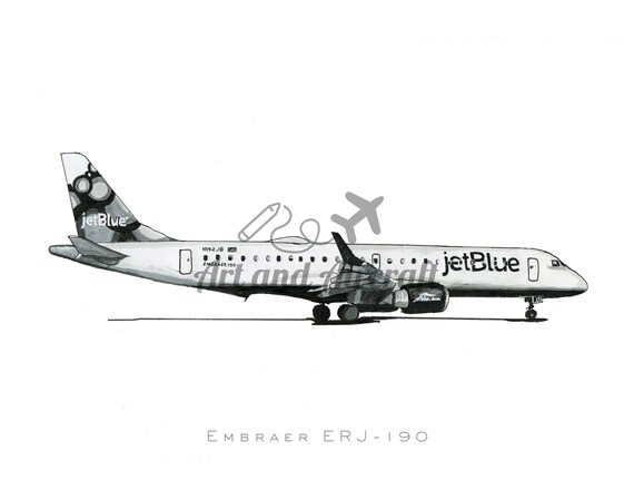 Jetblue Embraer ERJ-190 Drawing Art Print | Etsy