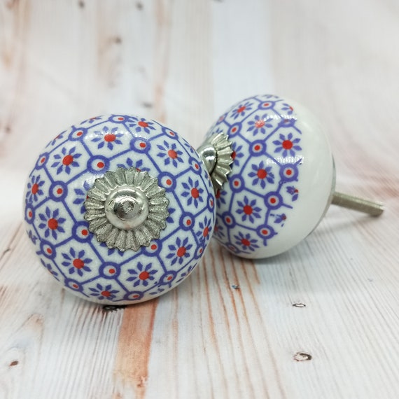 Home Improvement White Base Blue and Red Hand Painted Ceramic knobs Ceramic Drawer Pulls Cabinet ...