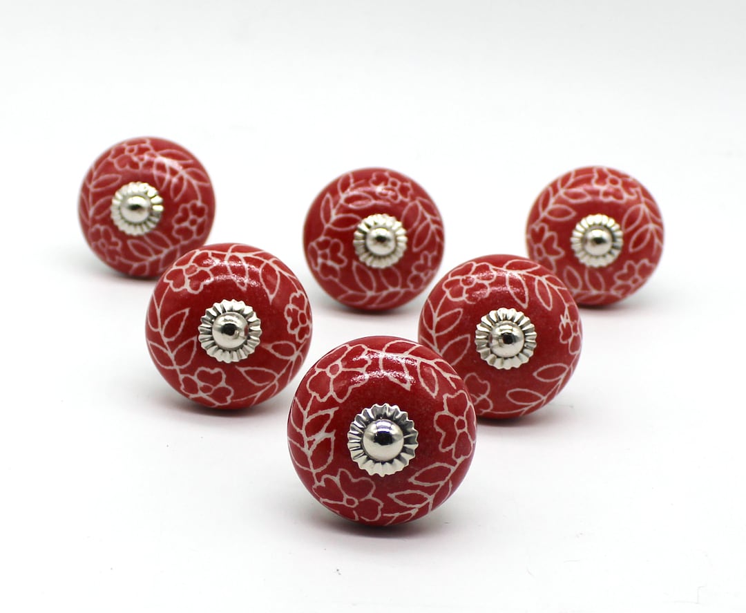 Large Round Shape Crater Knob, Large Printed Red Artistic Cabinet Knob ...