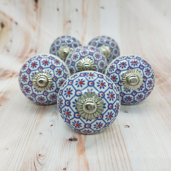 Home Improvement White Base Blue and Red Hand Painted Ceramic knobs Ceramic Drawer Pulls Cabinet ...