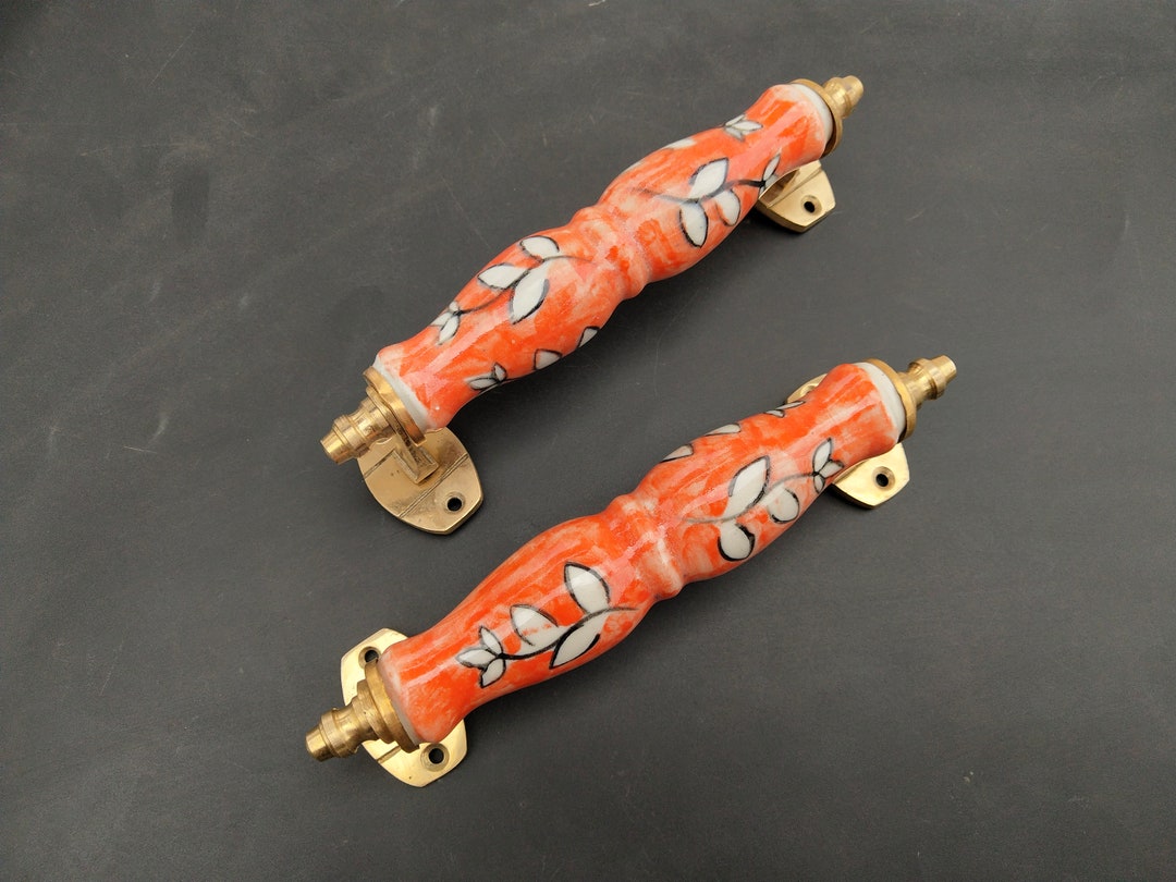 Set of 2 Ceramic Cabinet Handles With Brass Accessories , 7 Inch Large ...