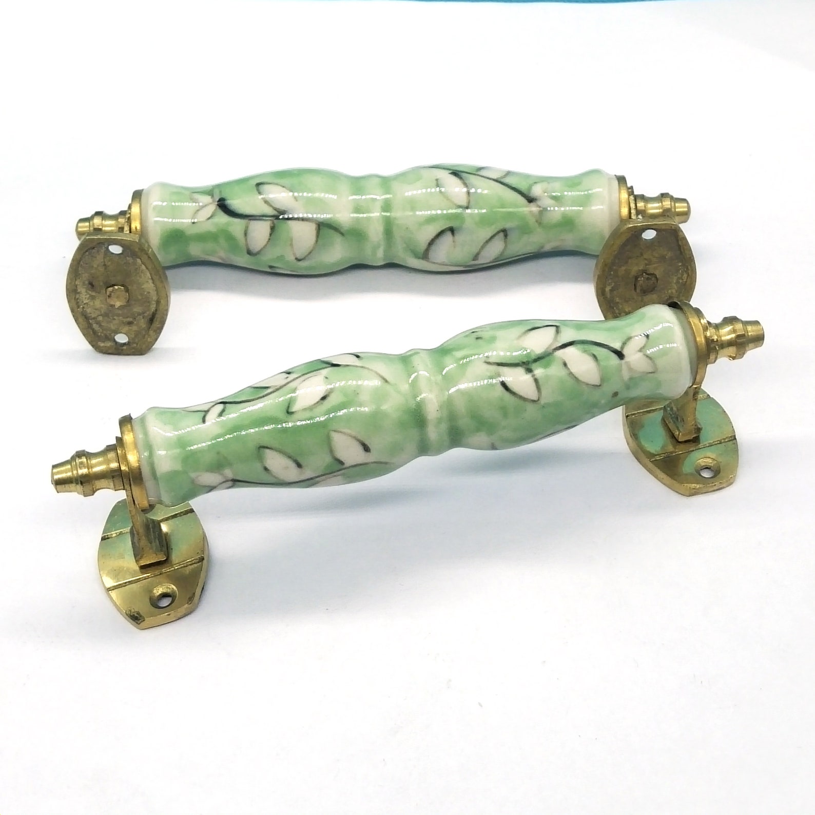 Set of 2 Ceramic Cabinet Handles With Brass Accessories , 7 Inch Large ...