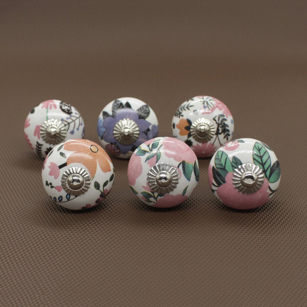 White Floral Round Shape Hand Painted Ceramic Knob Hand | Etsy