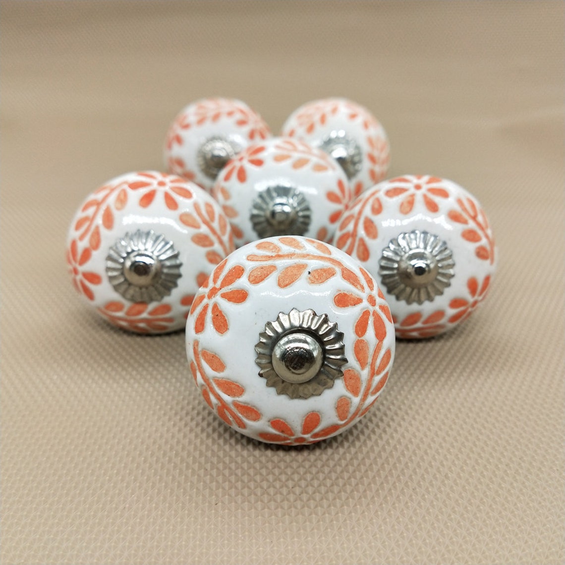 Orange and White Embossed Floral Round Shape Hand Painted - Etsy