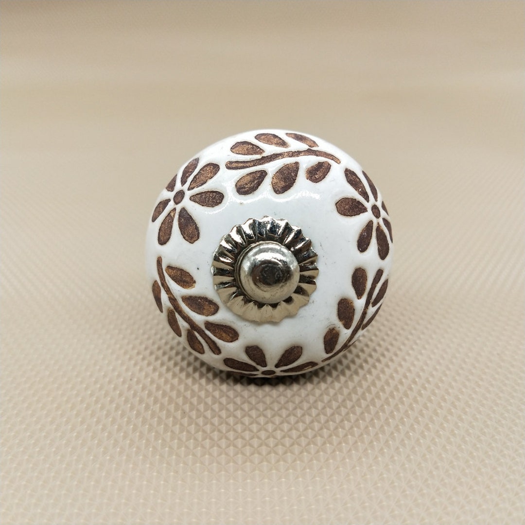 Brown and White Embossed Floral Round Shape Hand Painted Ceramic Knobs ...