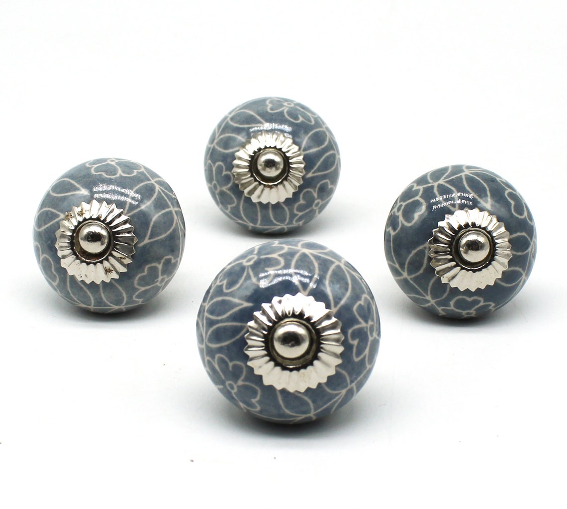 Large Round Shape Crater Knob, Grey With White Flower Print Artistic ...