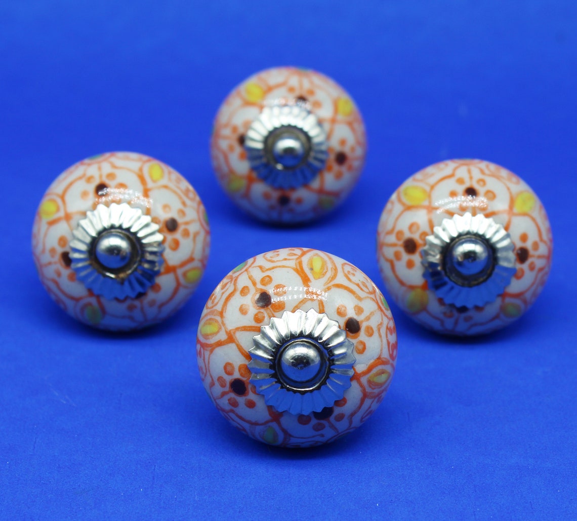 Large Round Shape Crater Knob Large White With Orange | Etsy