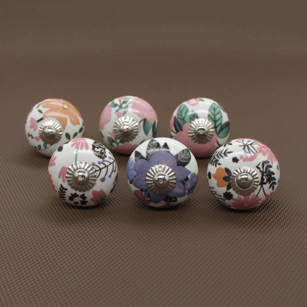 White Floral Round Shape Hand Painted Ceramic Knob Hand | Etsy