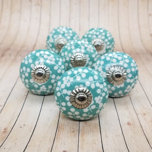 Sky Blue Color Floral Pattern Round Shape Hand Painted Ceramic Knobs / Knob King Made Designs ...