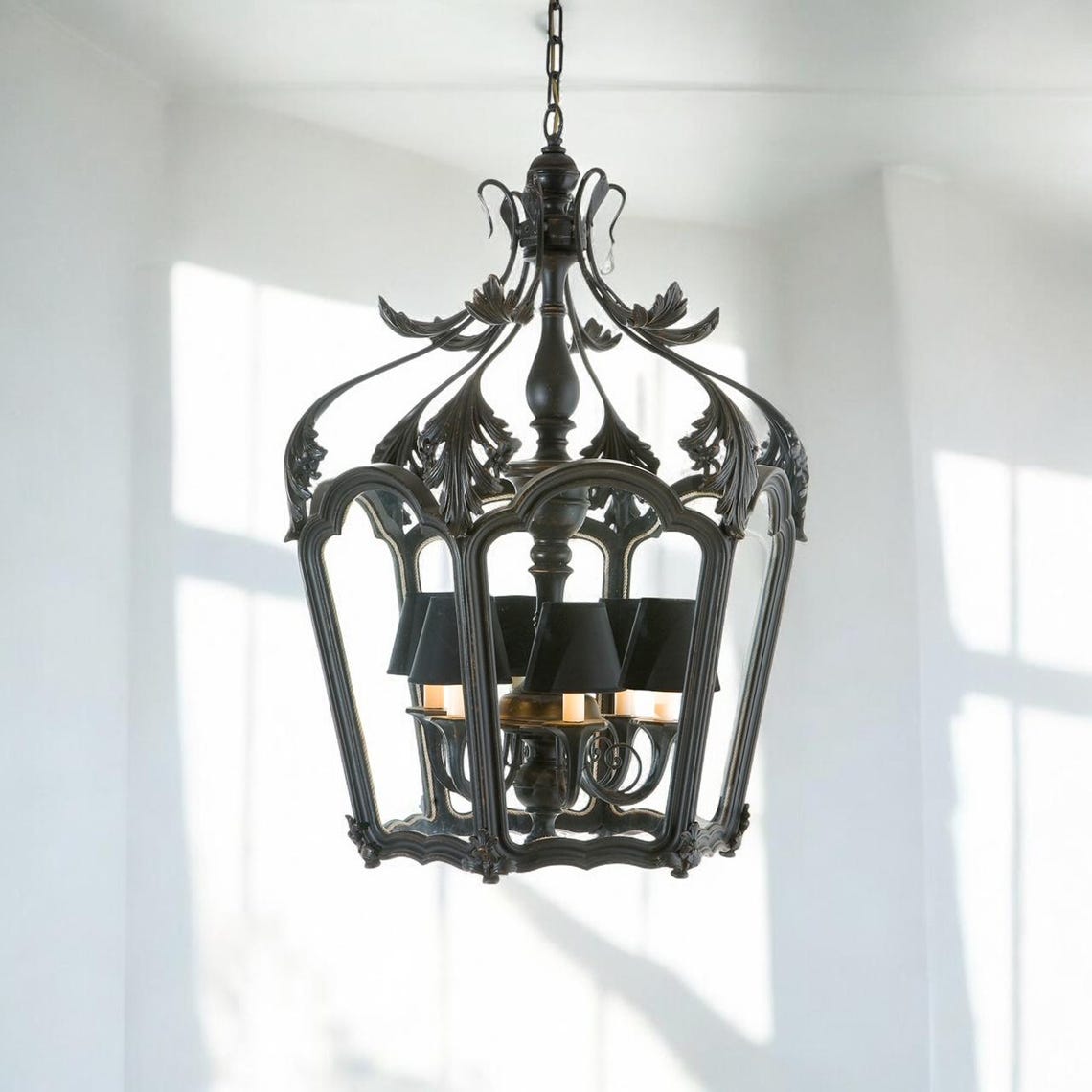 Black Hanging Lantern With 6 Lights, Italian Hand Carved Gilt Wood ...