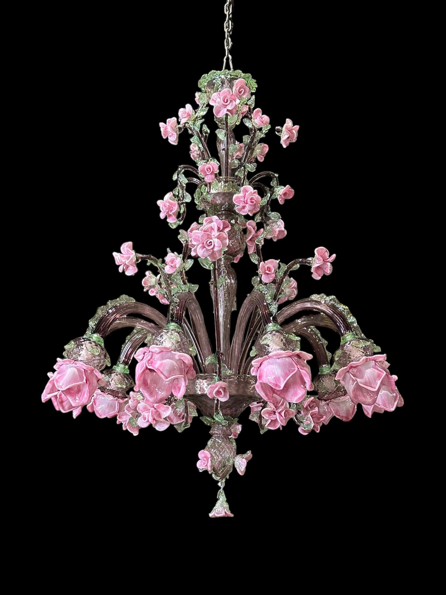 Classic Chandelier in Amethyst Glass With Pink Roses, Large Floral ...