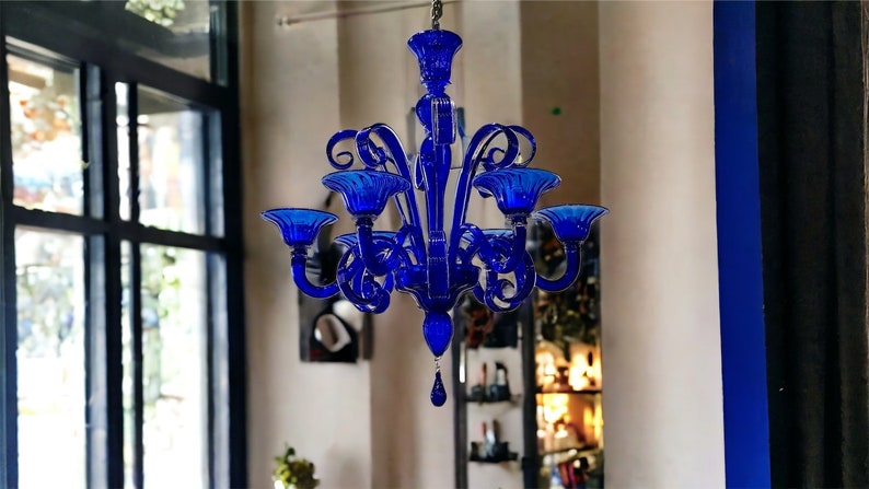 Cobalt Blue Pastoral Chandelier With 6 Lights, Murano Glass Lighting ...