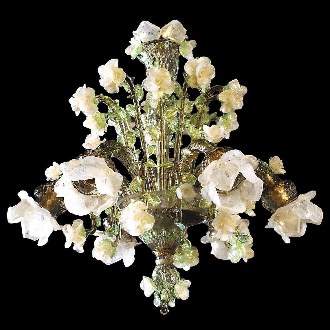Floral Chandelier, White Roses Chandelier in Green Glass With 24kt Gold ...