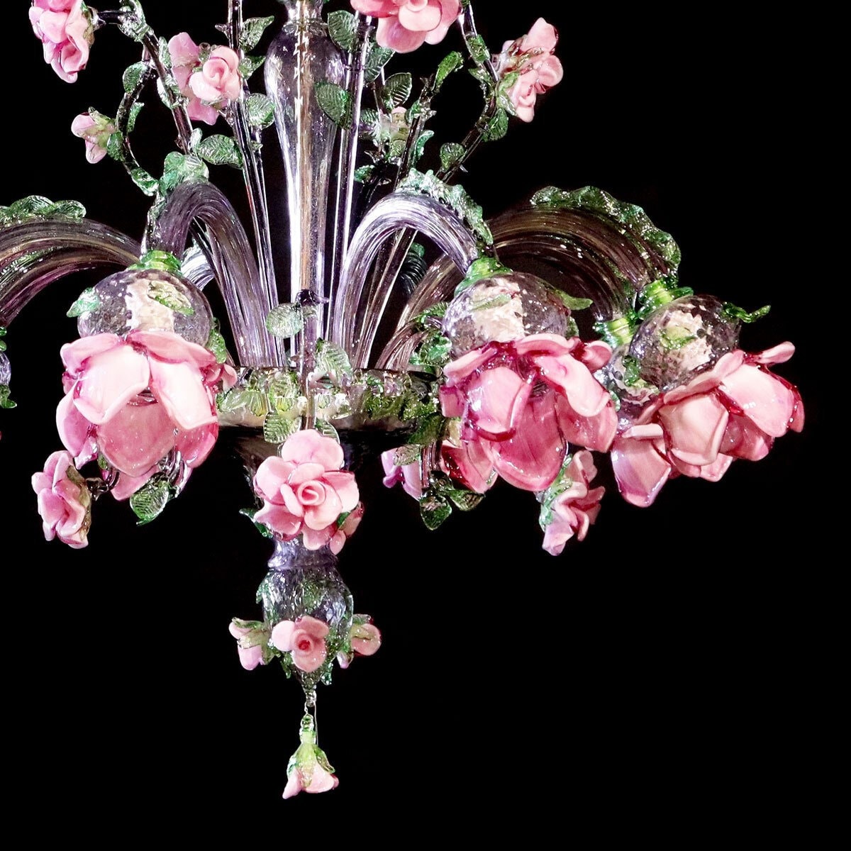 Classic Chandelier in Amethyst Glass With Pink Roses, Large Floral ...