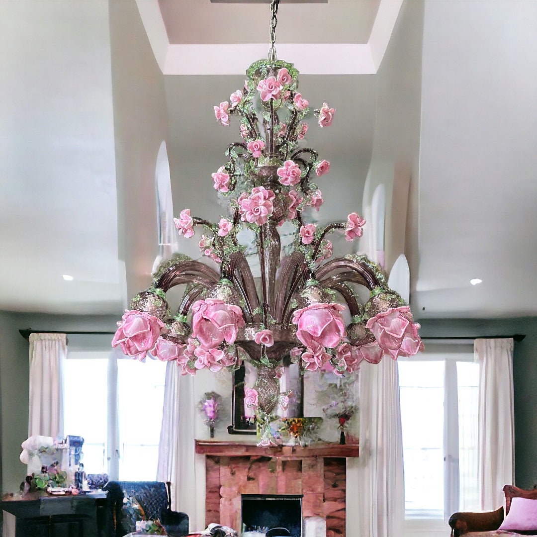 Classic Chandelier in Amethyst Glass With Pink Roses, Large Floral ...