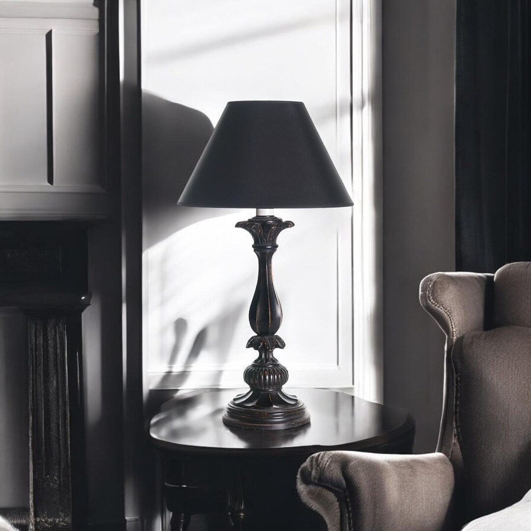 Elegant Black Wood Table Lamp, Hand Carved Gilt Wood Lighting, Gothic ...