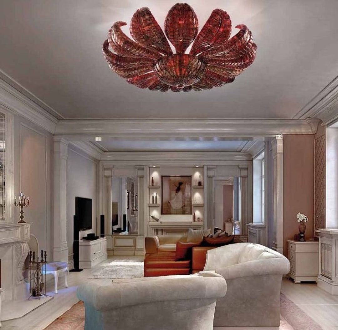 Red Glass Ceiling Light, Floral Art Deco Light Fixture - Etsy