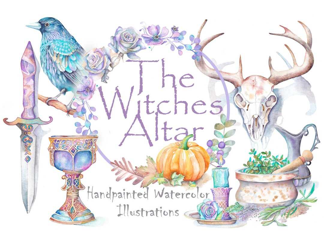 Handpainted Watercolor Wiccan Witch's Altar, Book of Shadows Digital ...