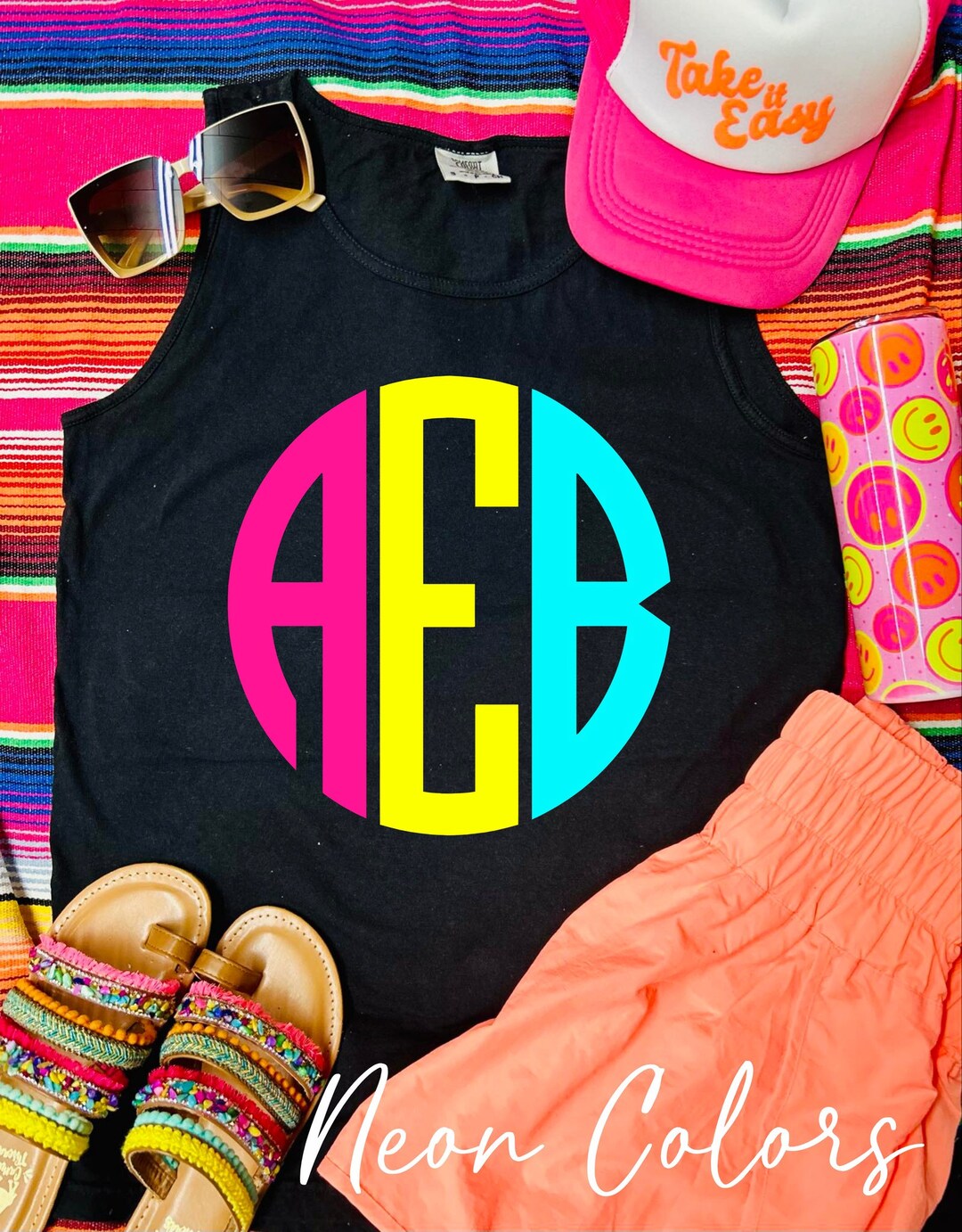 Neon Monogram Comfort Color Tank, Black Tank Top, Monogram Tank Top - Etsy