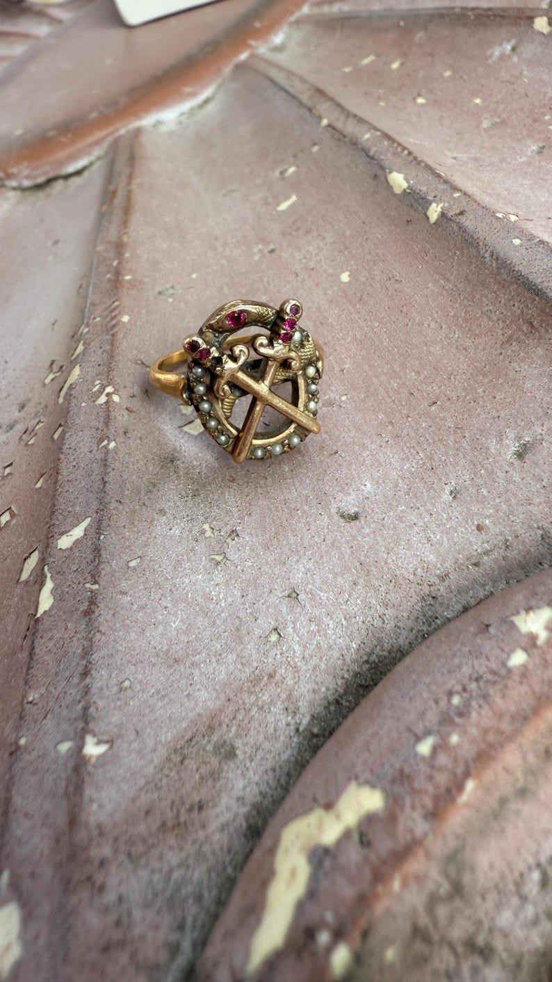 Vintage Theta Chi Ring: 10K/14K Gold, Pearl & Ruby Accents, Size 5.25 ...