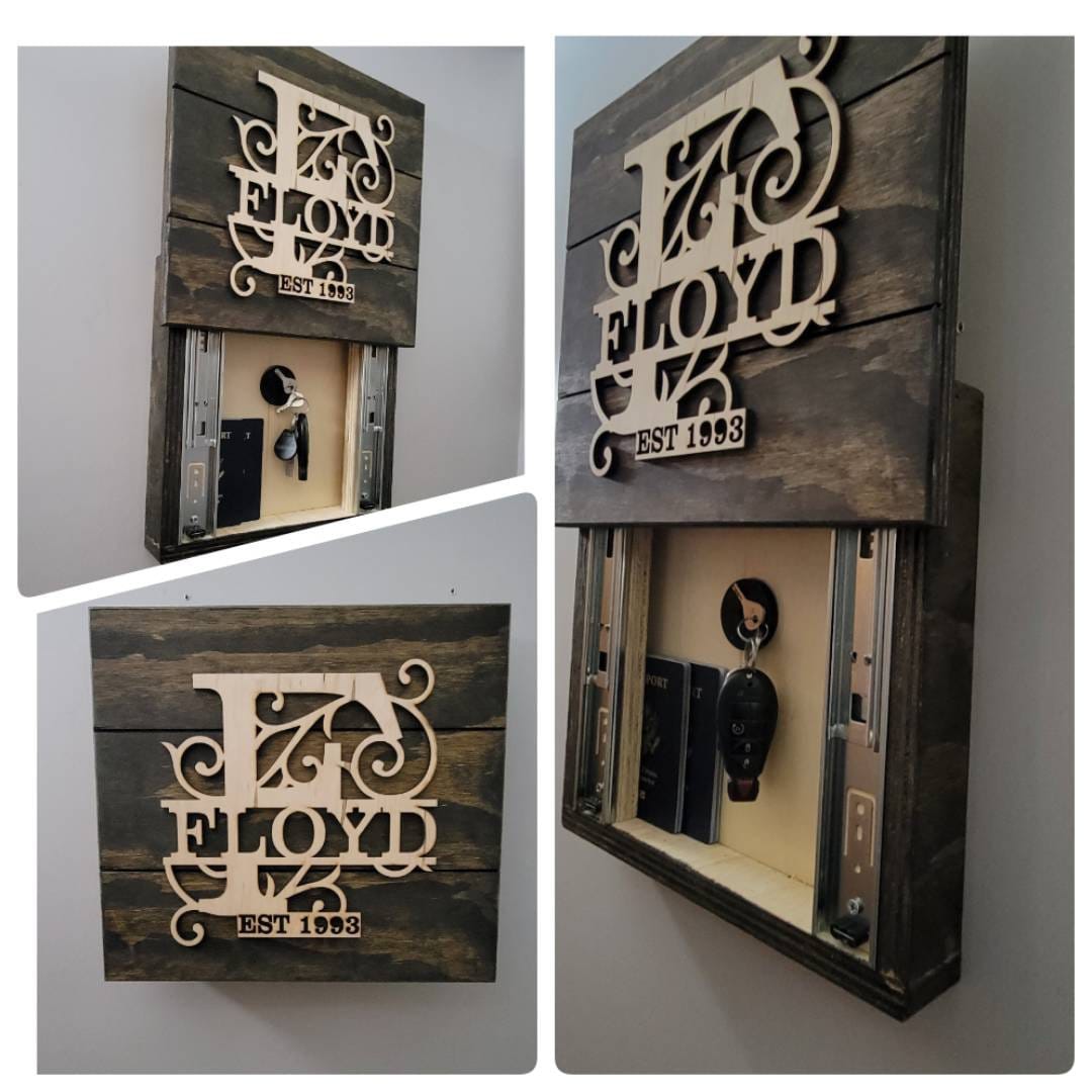 Slide-up Cabinet Key Holder Hidden Storage Family Name Monogram Wedding ...