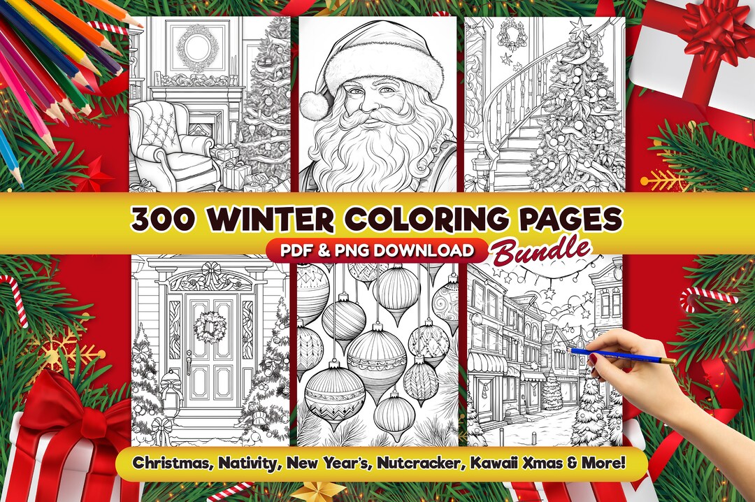 300 High-quality Winter Christmas New Year's Coloring Pages Bundle ...