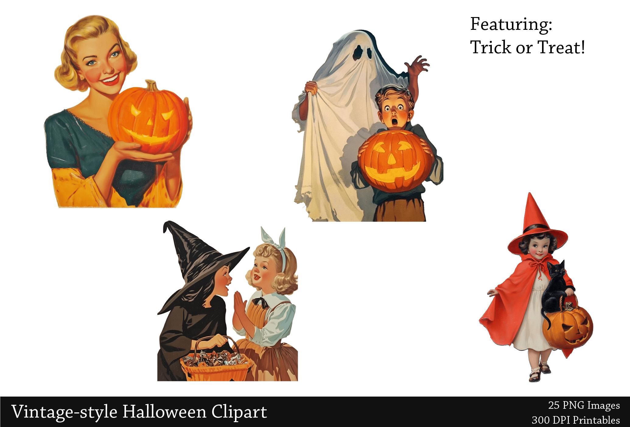 Vintage Halloween Clipart Bundle, Retro Halloween PNG, Trick or Treat ...