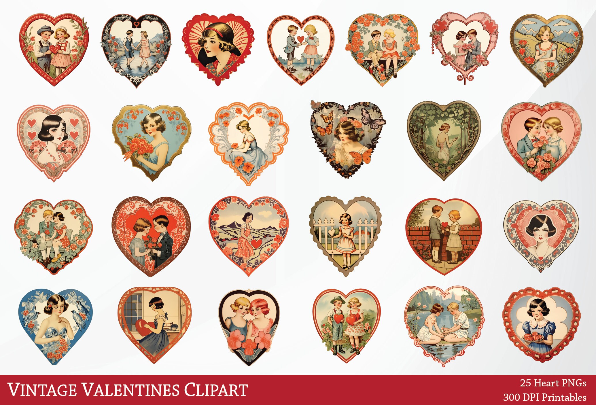 Vintage Valentine's Day Clipart PNG, 1920s Valentine Hearts Old Images ...