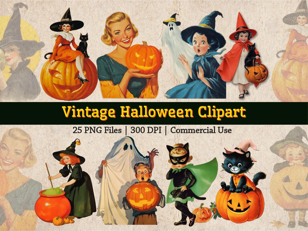 Vintage Halloween Clipart Bundle, Retro Halloween PNG, Trick or Treat ...