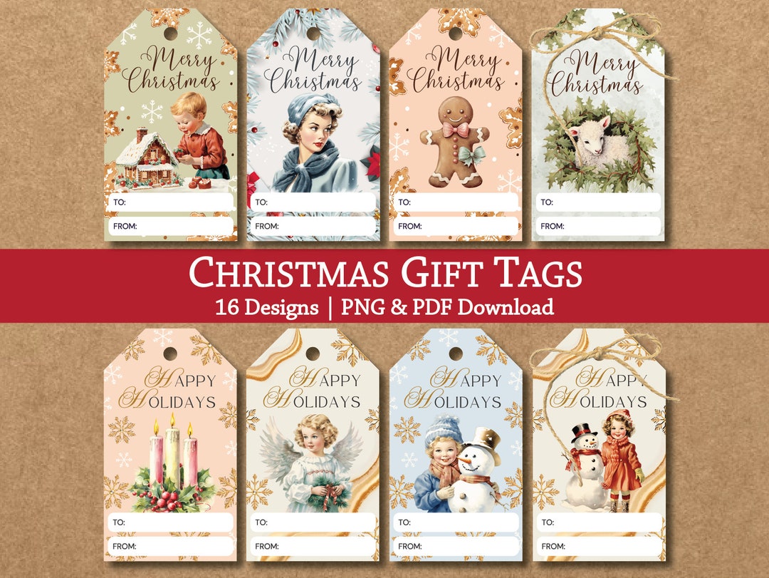 Printable Christmas Gift Tags, Set of 16 Designs, Vintage Retro Holiday ...