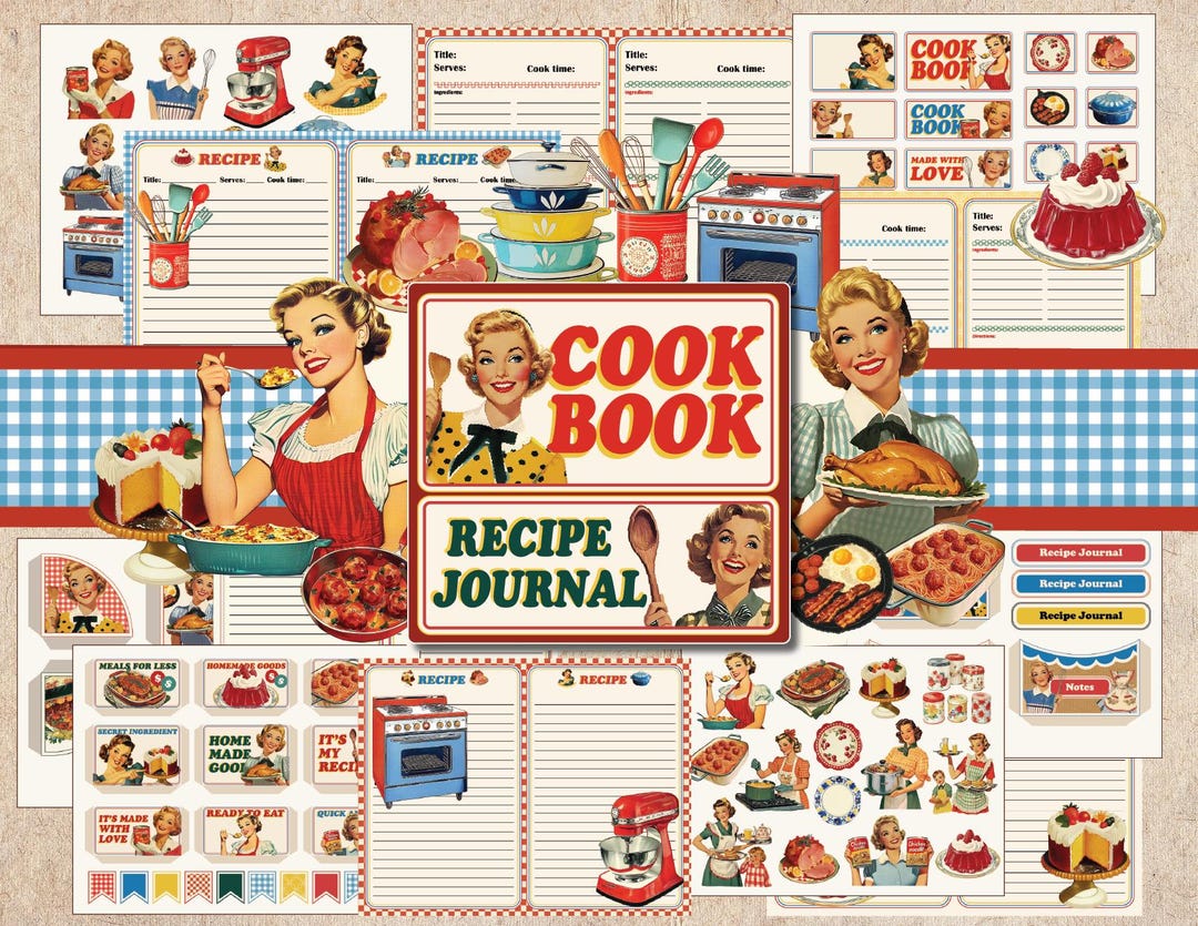 1950s Recipe Journal Kit, Retro Cookbook Pages, Vintage Kitchen ...