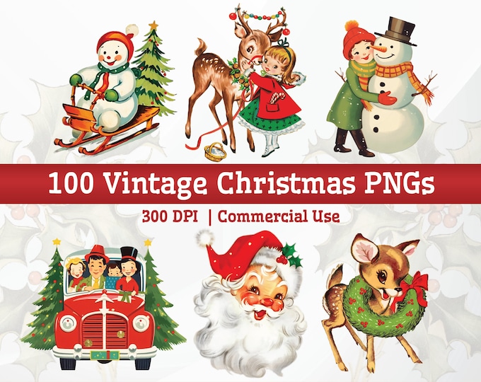 100 High-quality Vintage Christmas Clipart Bundle, Retro Xmas Images ...
