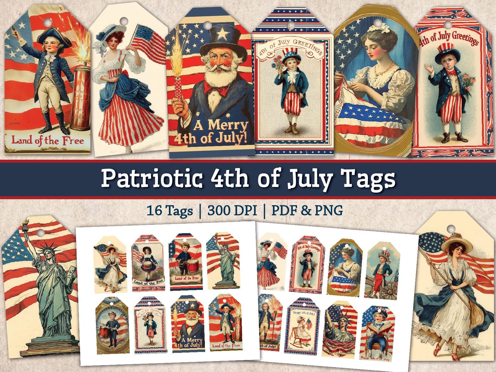 Vintage 4th of July Tags, Independence Day USA America Image Bundle ...