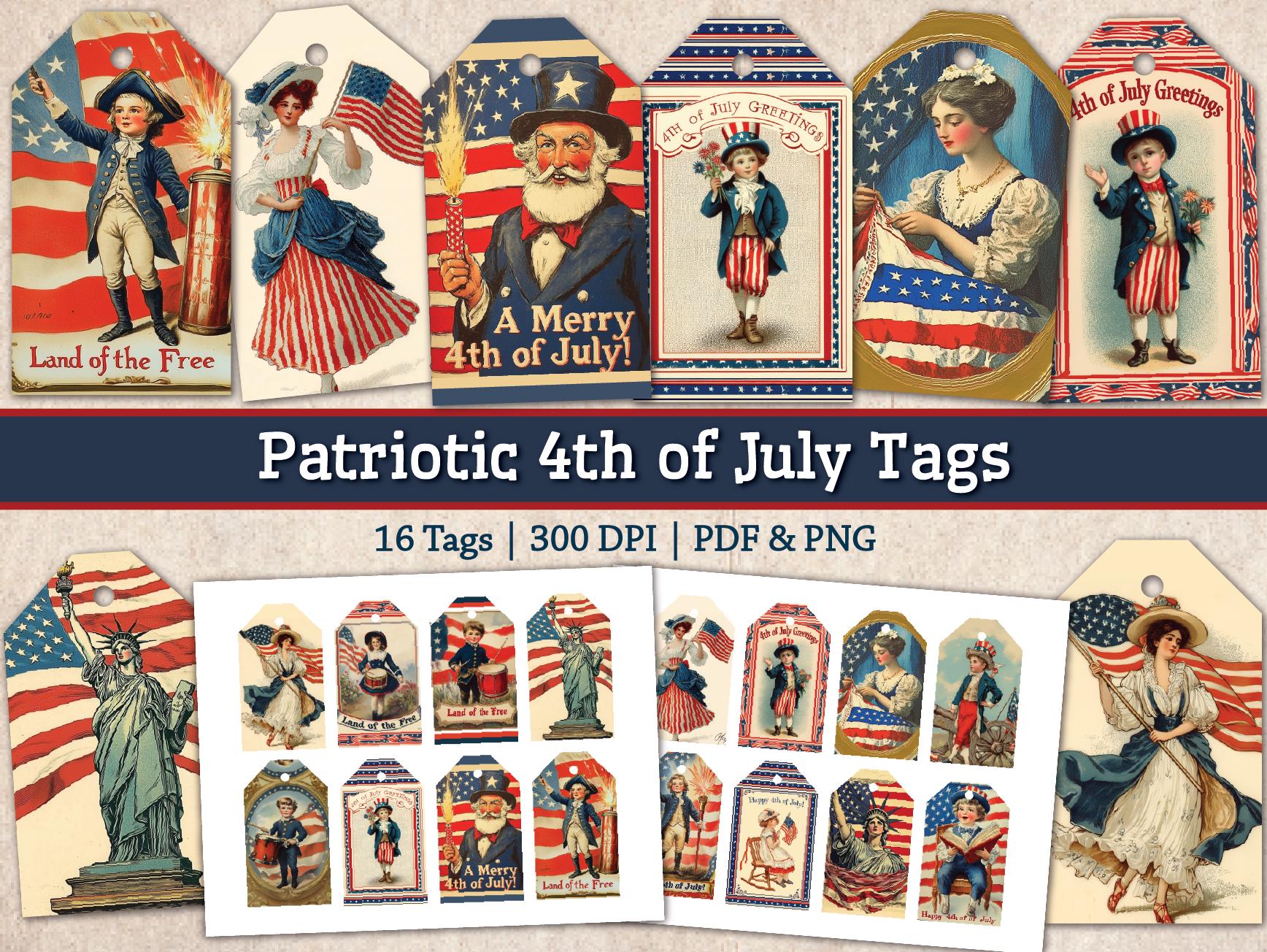 Vintage 4th of July Tags, Independence Day USA America Image Bundle ...