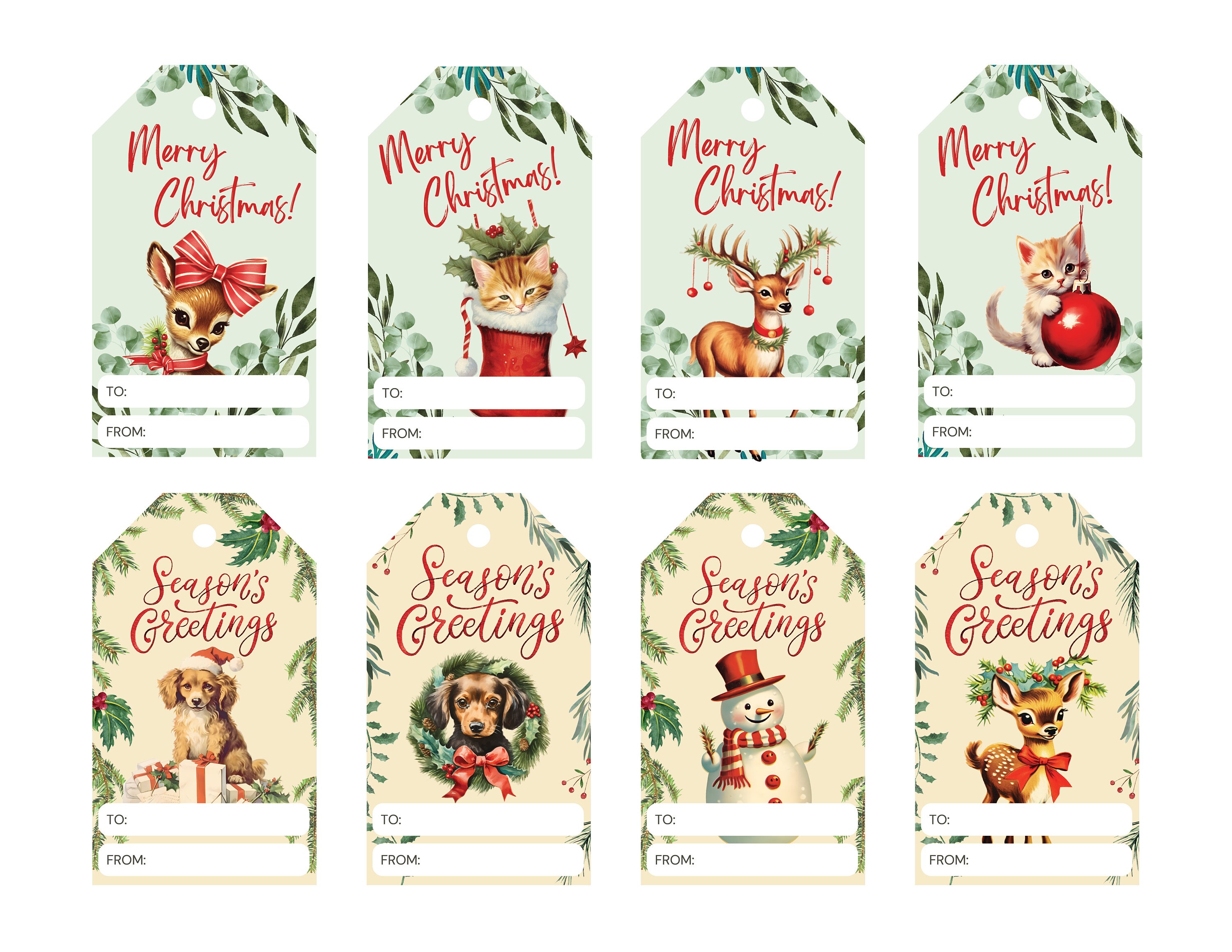 Printable Christmas Gift Tags, Set of 16 Designs, Vintage Retro Holiday ...